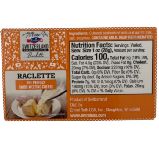 Emmi Raclette Cheese from Switzerland, quarter square – RacletteCorner